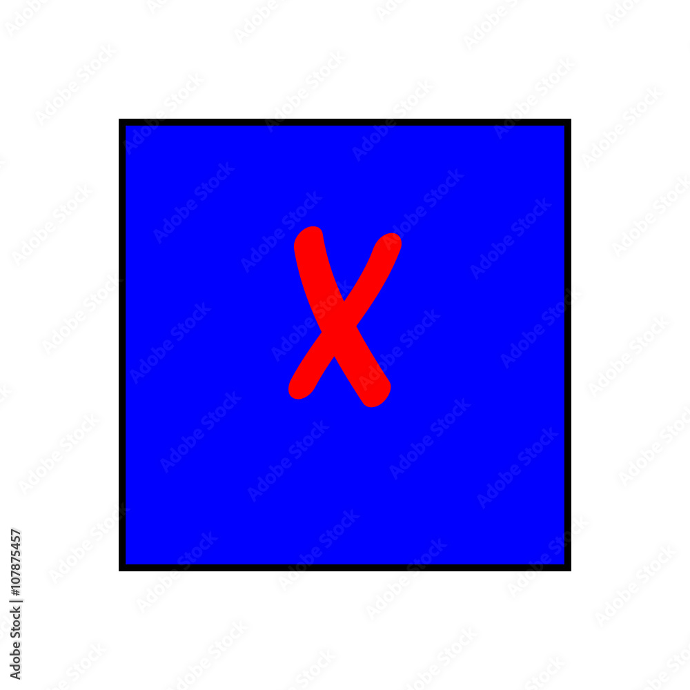 Cross red sign in blue square. Isolated on white background .Cross ...