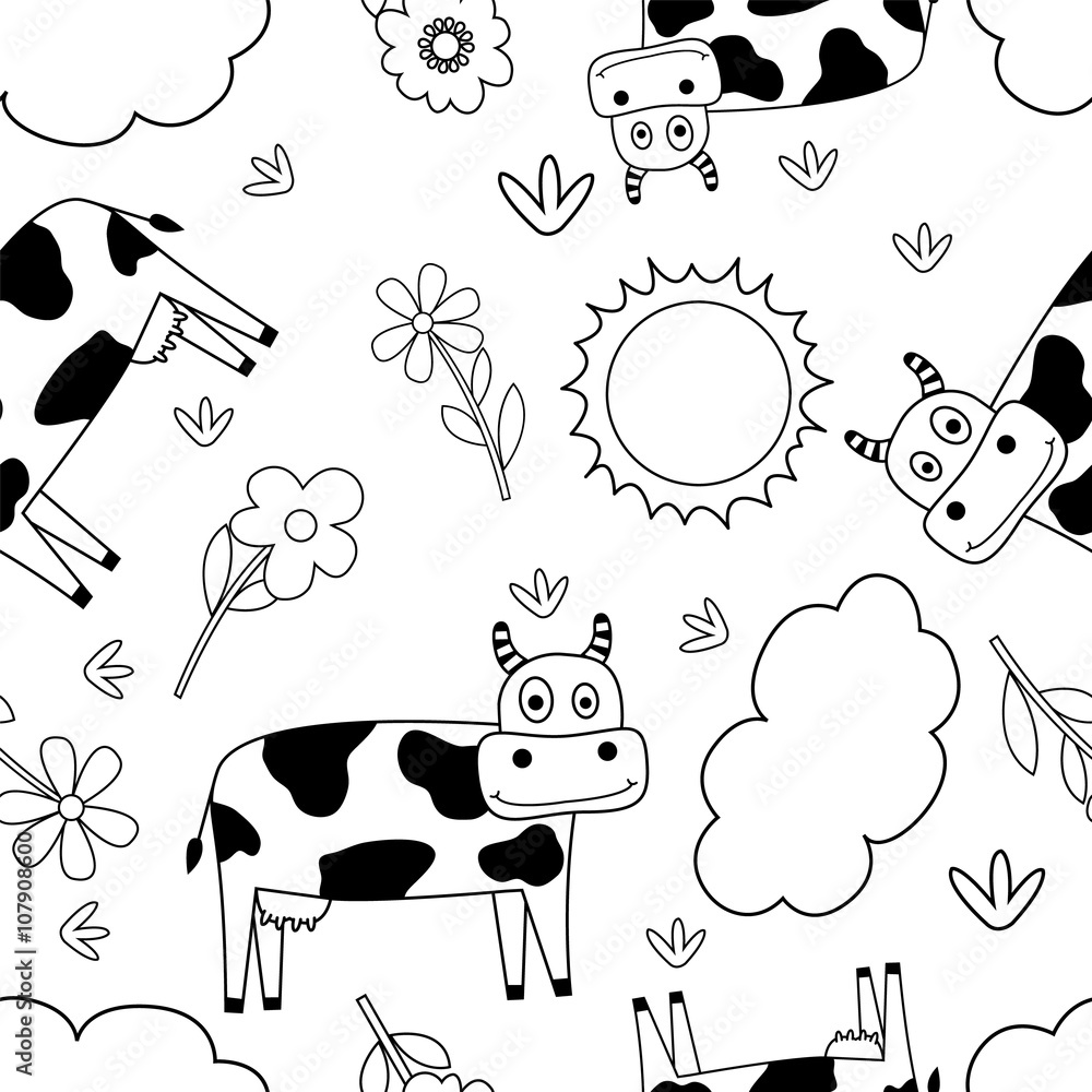 Seamless doodle background with dairy cow design Stock Vector | Adobe Stock