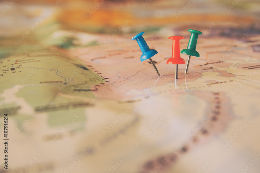 pins attached to map, showing location or travel destination Stock ...
