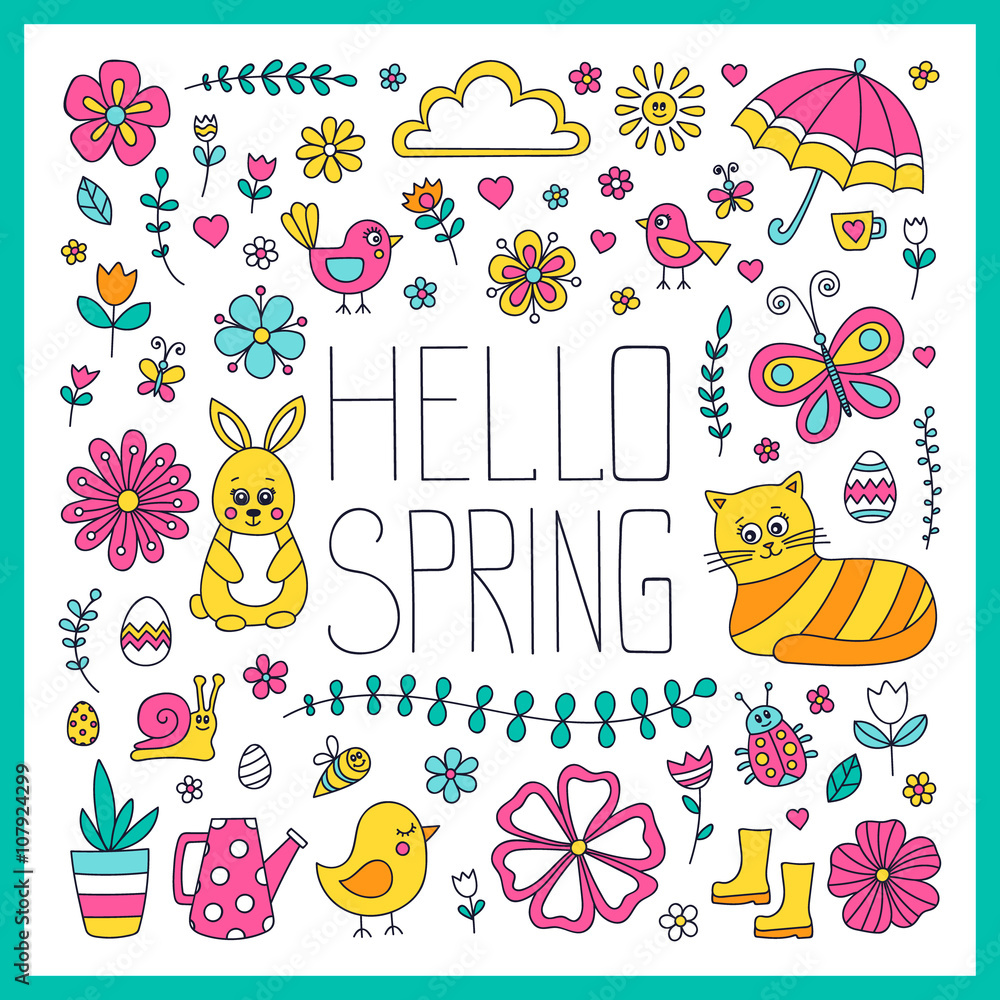 Hello spring card. Cute hand drawn doodle spring elements - bunny, cat ...