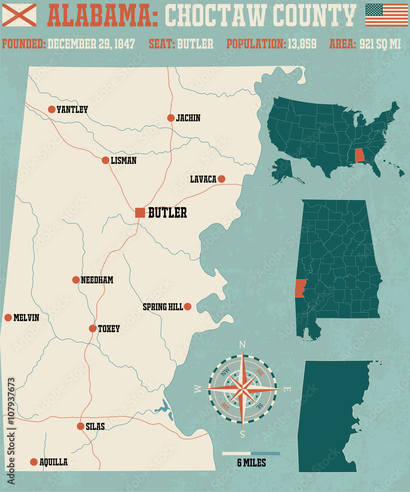 Large and detailed map and infos about Choctaw County in Alabama. Stock ...