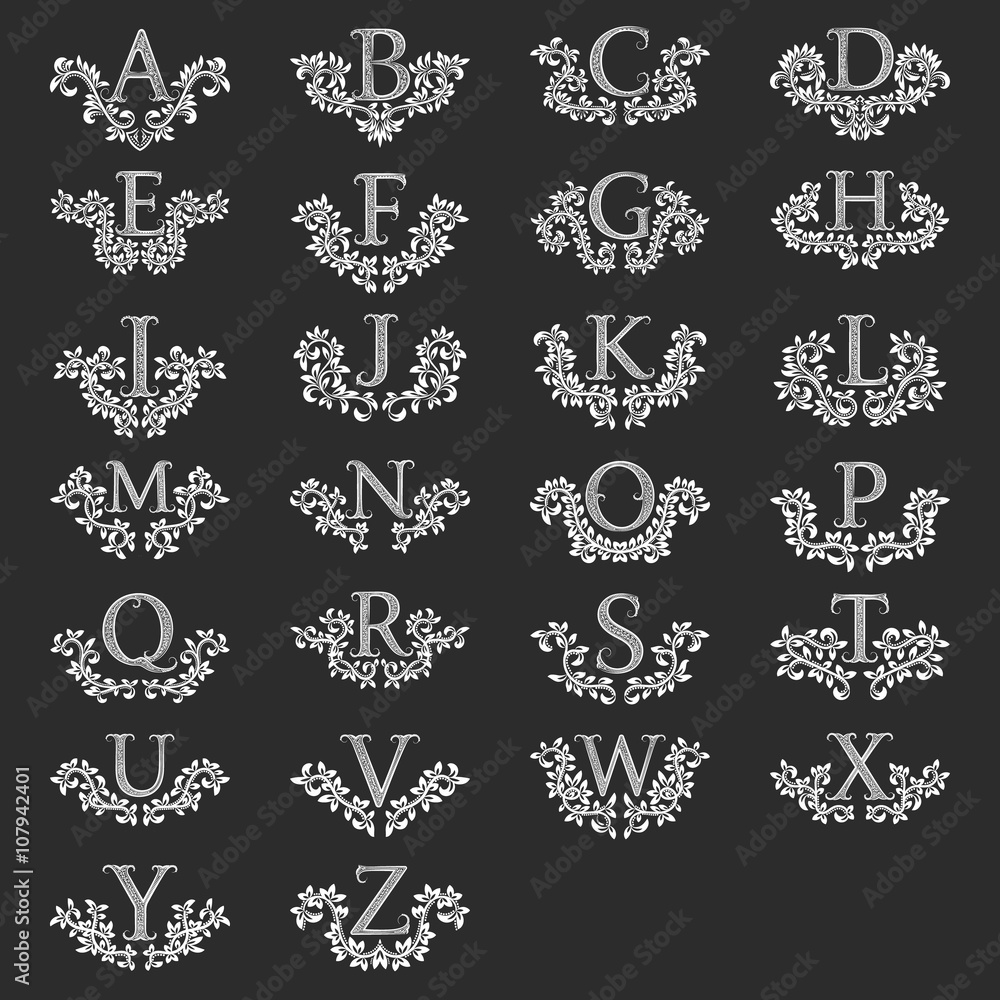 Set of all letters heraldic monograms in coats of arms form. Vintage ...