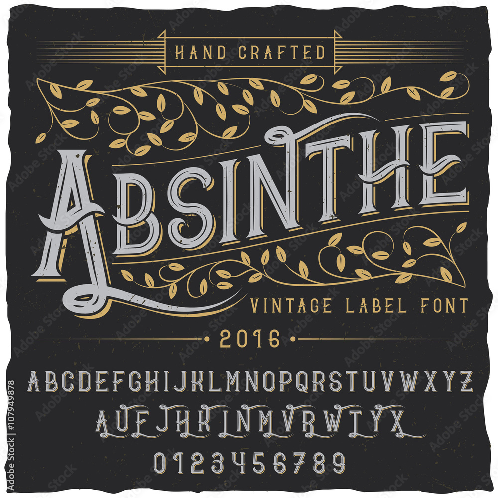 Absinthe label font and sample label design with decoration and ribbon ...