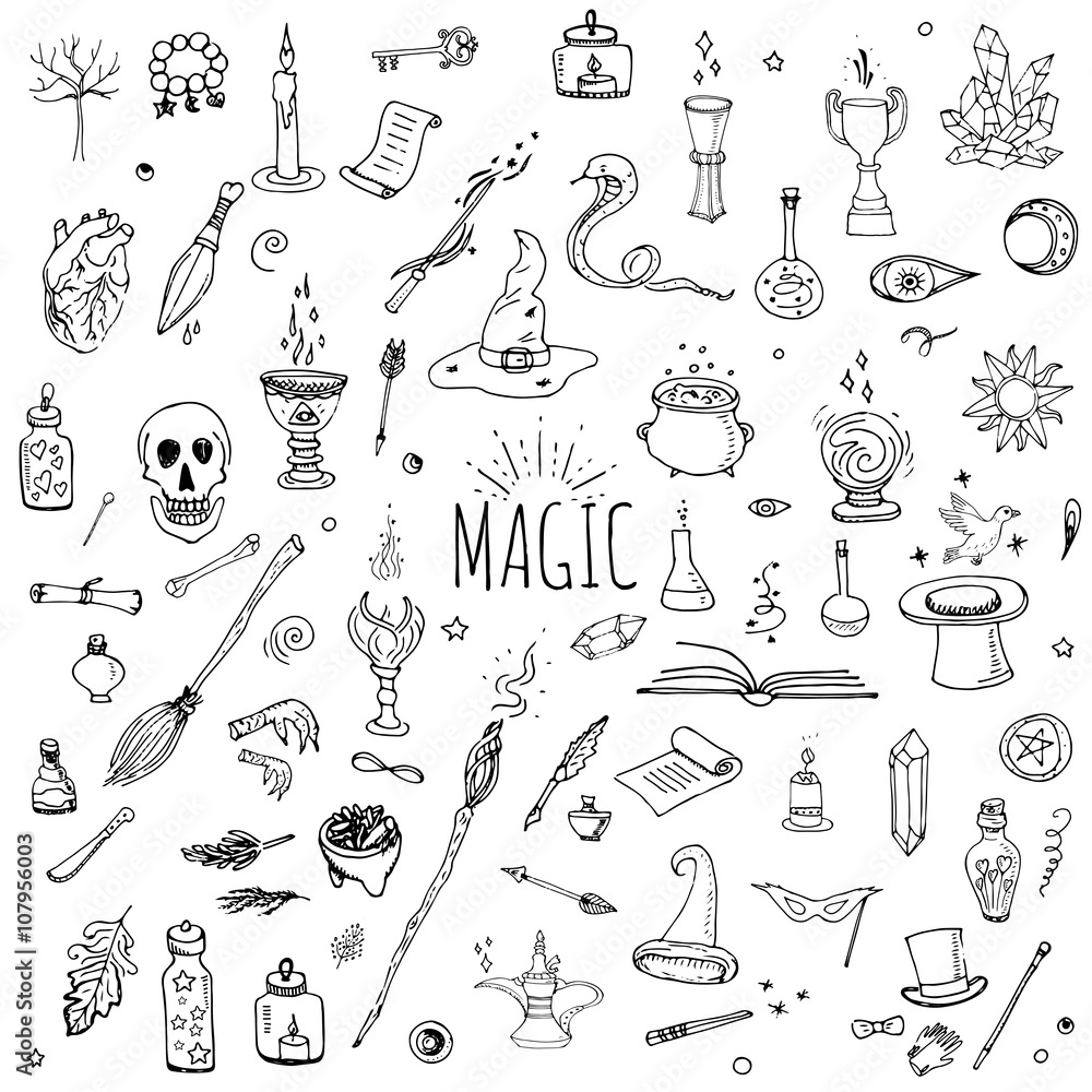 Hand drawn doodle Magic set Vector illustration wizardy, witchcraft ...