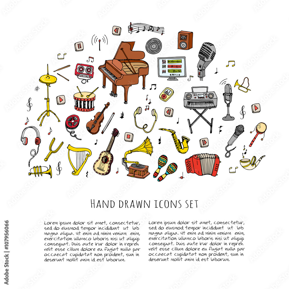 Hand drawn doodle Music set Vector illustration musical instrument and ...