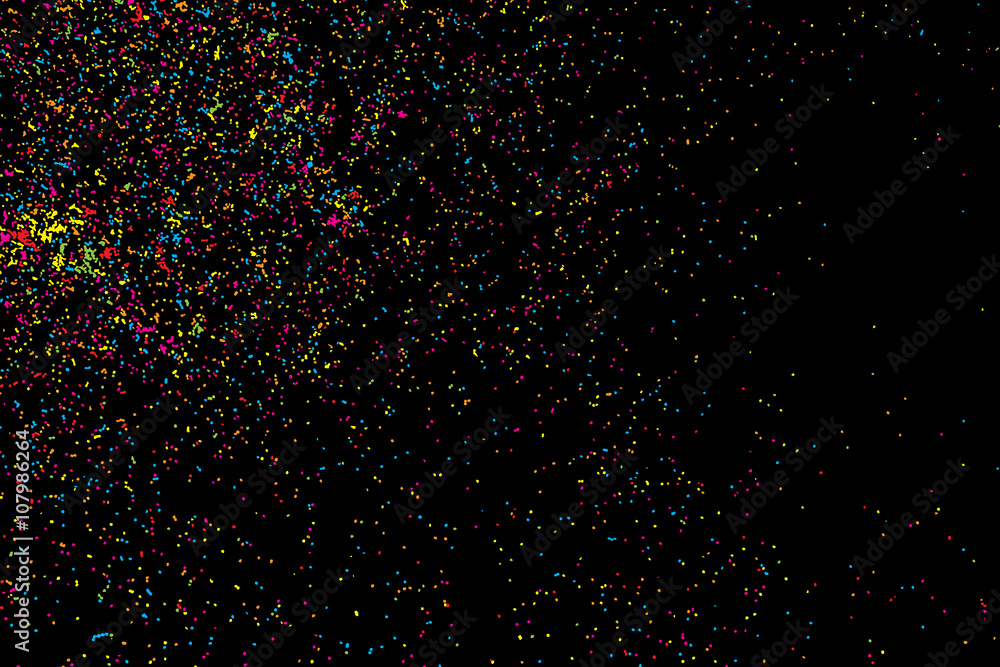 Abstract black background with falling confetti. Many round random tiny ...