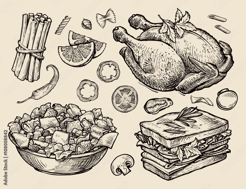 fast food. Hand drawn grilled chicken, salad, sandwich, vermicelli ...