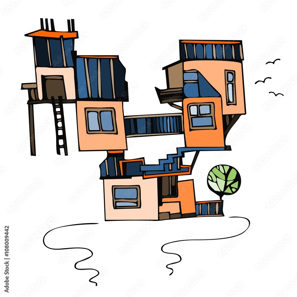 Strange house on white background. Cartoon vector illustration. Stock ...