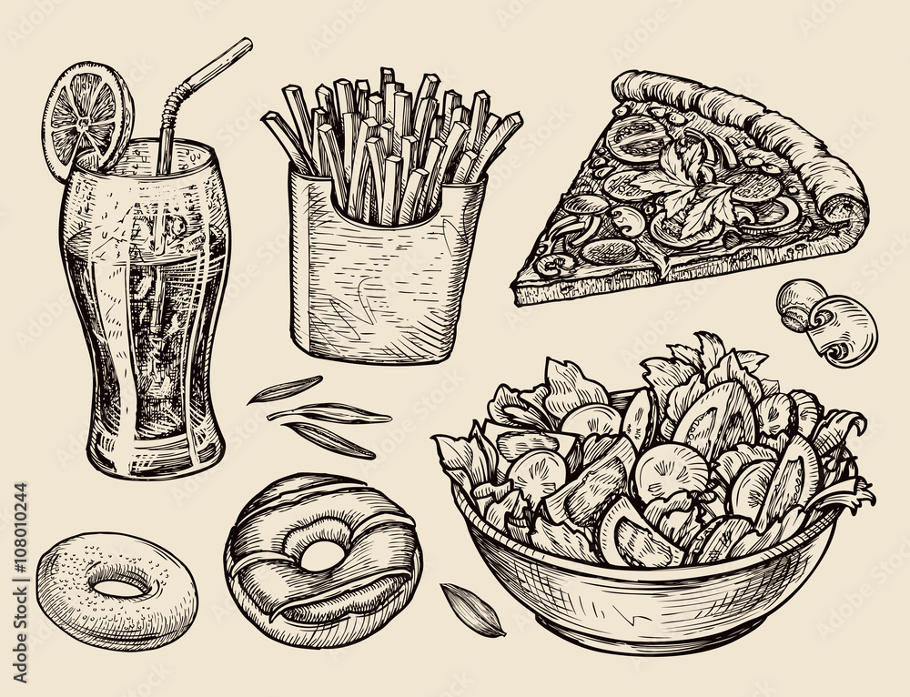fast food. hand drawn soda, lemonade, fries, slice of pizza, salad ...