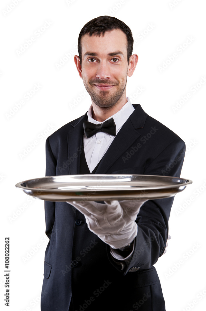 Waiter holding tray. Isolated over white background. Smiling but Stock ...