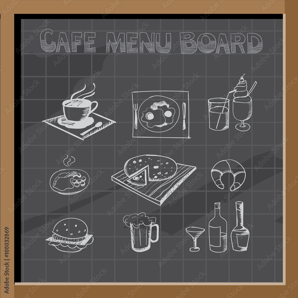 Hand drawn cafe menu board signs and food collection on chalkboard ...