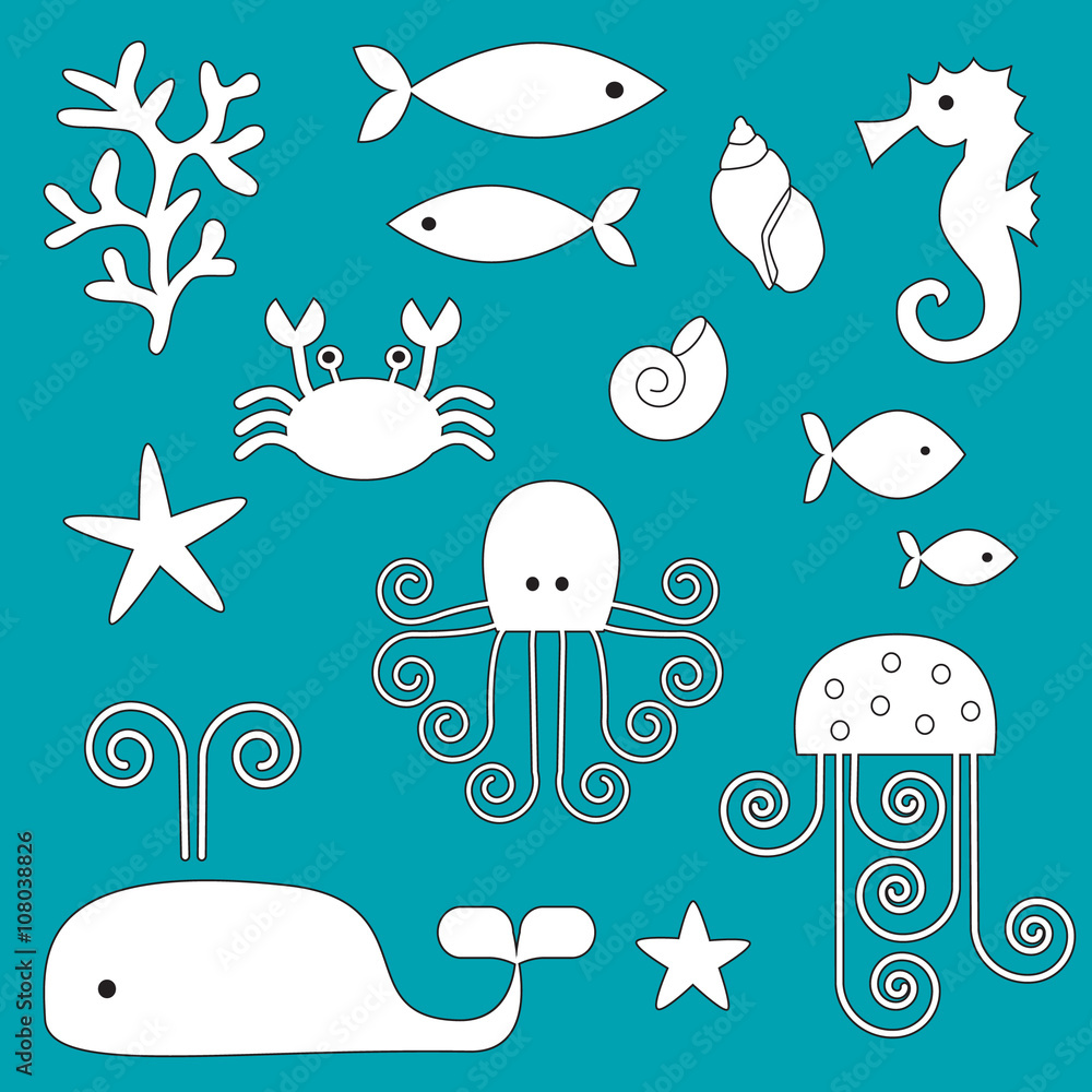 black outline sea life clipart Stock Illustration | Adobe Stock