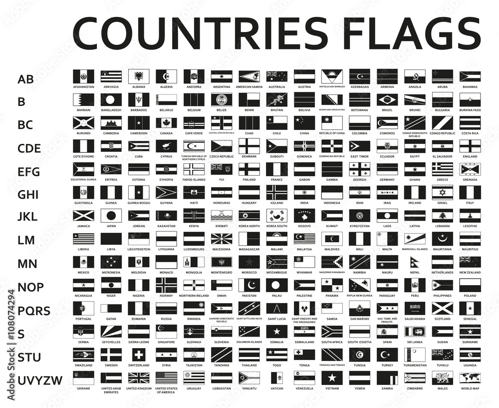 alphabetically sorted monochrome or black flags of the world with ...