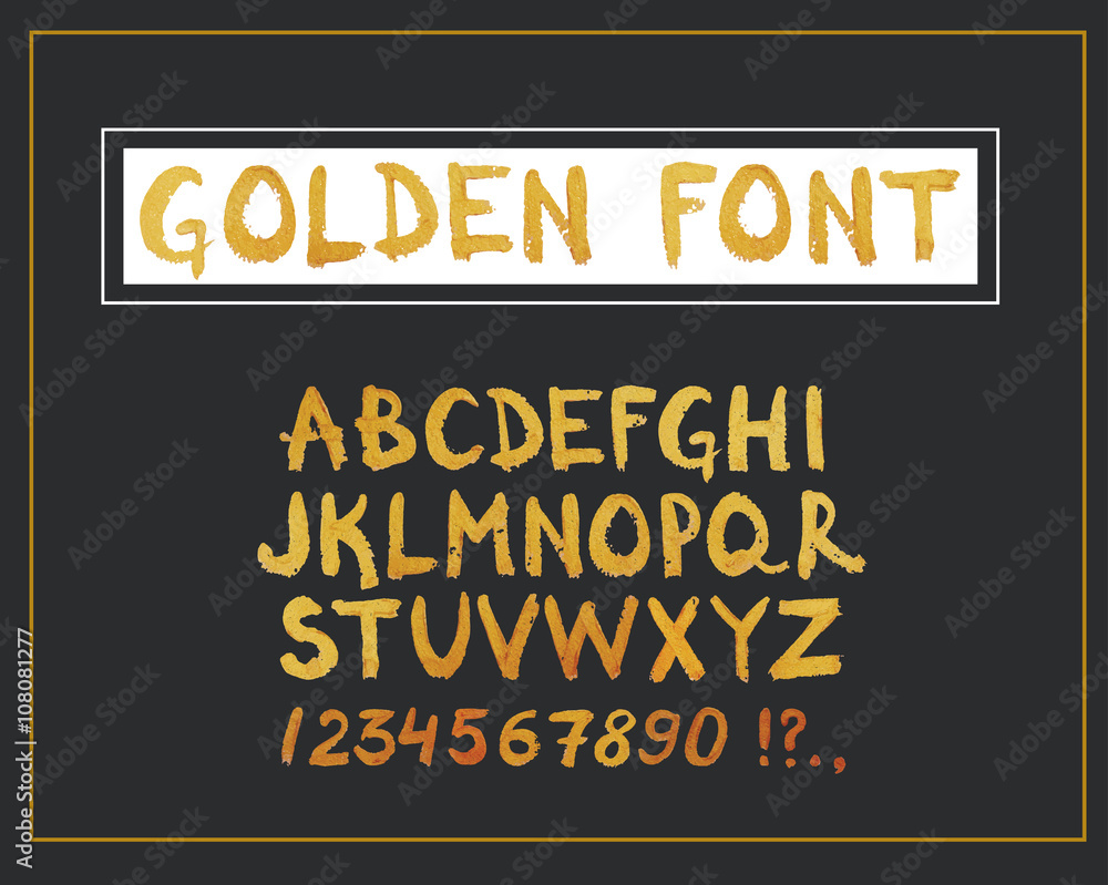 Golden Hand Drawn Font. Hand Written Metallic Modern Alphabet and ...