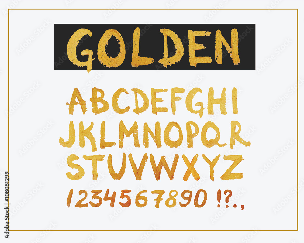 Golden Hand Drawn Font. Hand Written Metallic Gold Modern Alphabet and ...