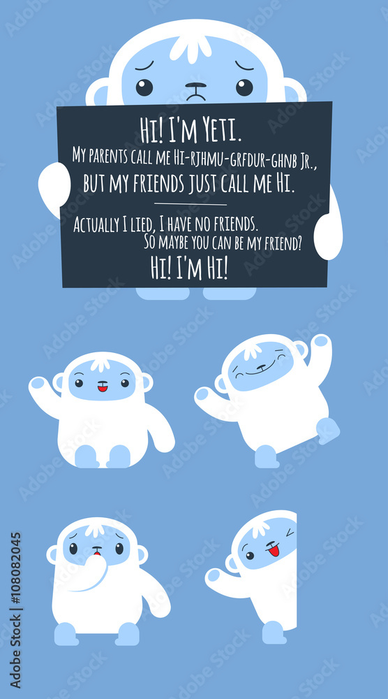 Cute little Yeti set. Yeti asking for friendship. He peeks out from ...