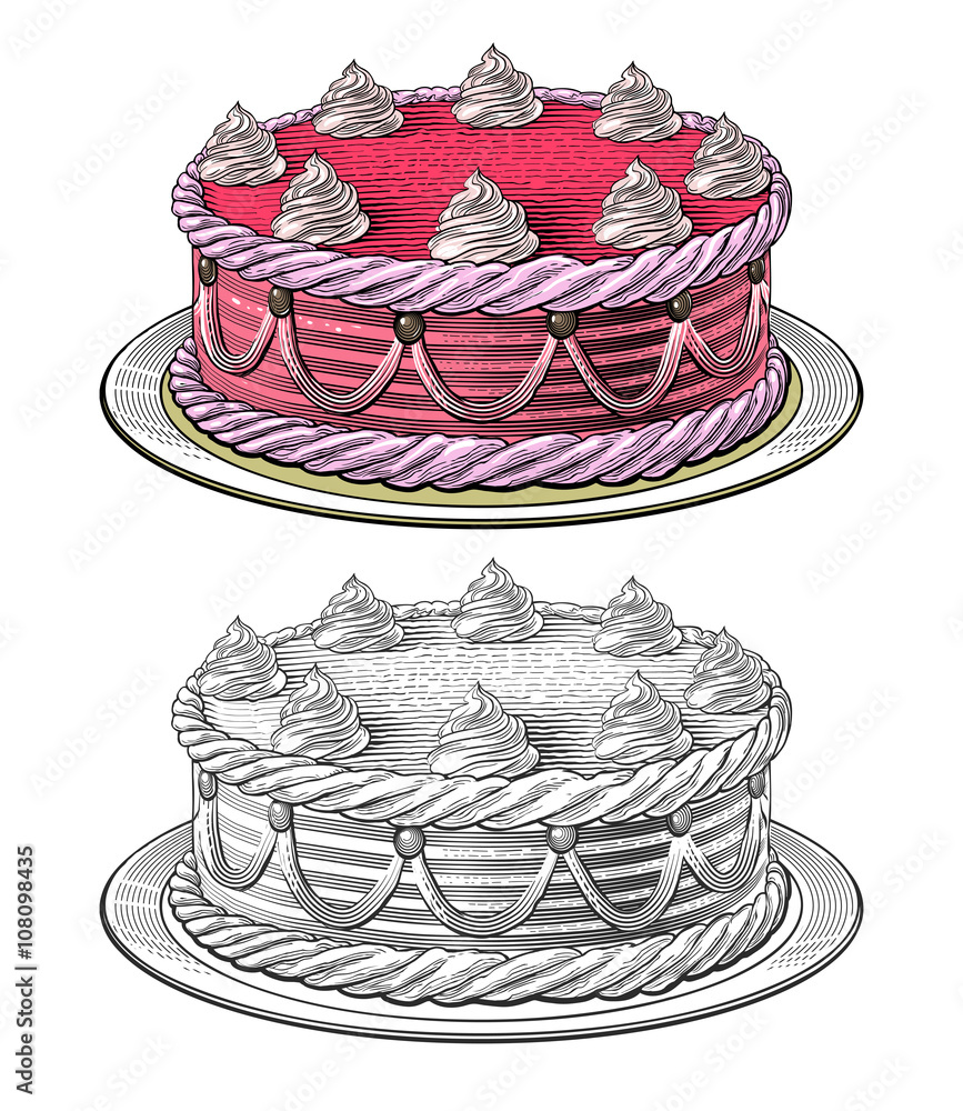 Birthday cake in engraving style, isolated, grouped on transparent ...