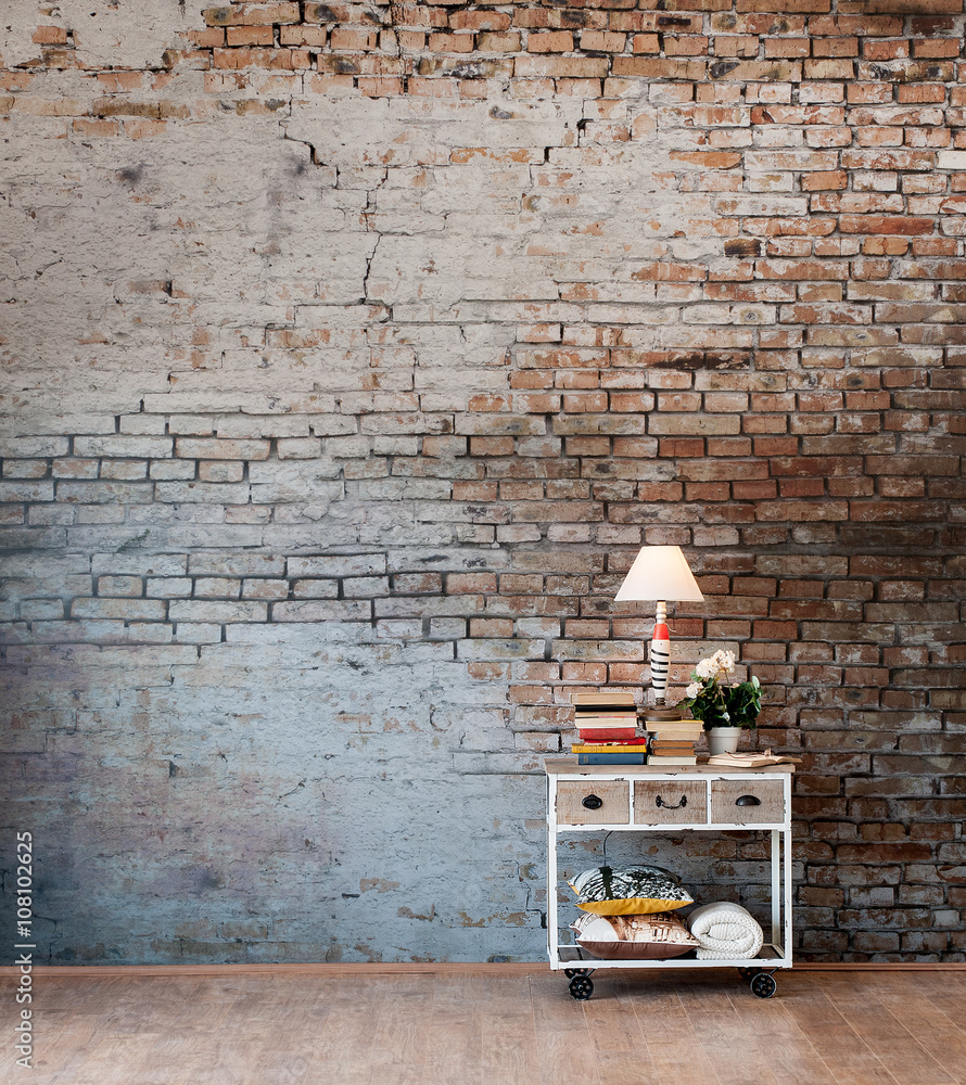 brick wall with decorative desk Stock Photo | Adobe Stock
