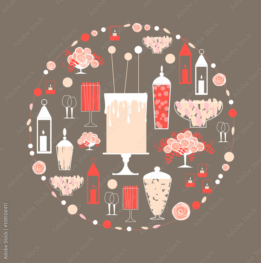 Sweet table with cake in round frame.Candy Buffet. Wedding dessert bar ...