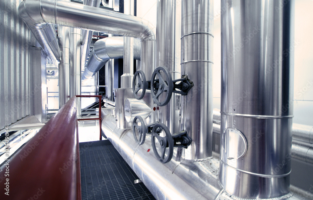 Industrial zone, Steel pipelines, valves and pumps Stock Photo | Adobe ...