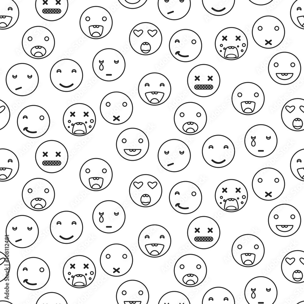 Outline round smile emoji seamless pattern. Emoticon icon linear style ...