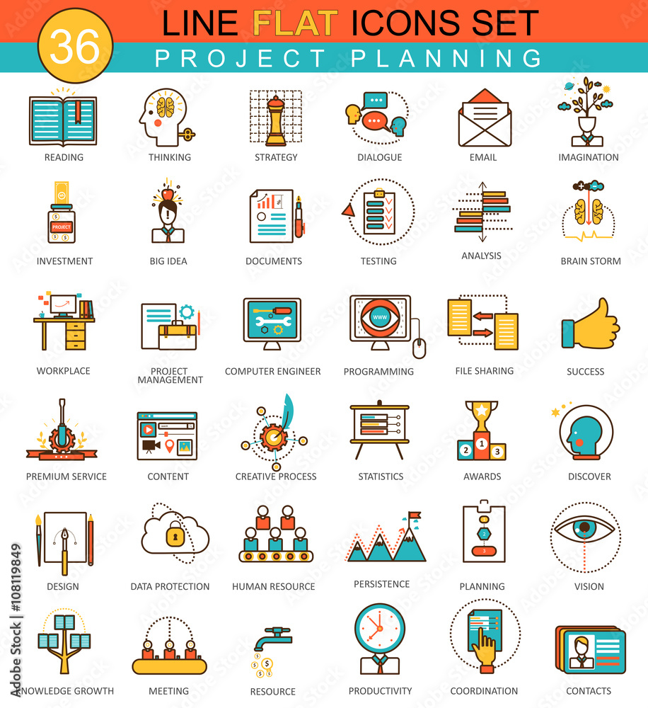 Vector Project planning flat line icon set. Modern elegant style design ...