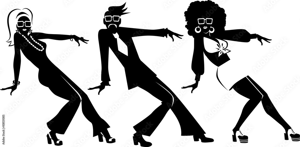 Vecteur Stock EPS 8 vector silhouette of three people dressed in 1970s ...