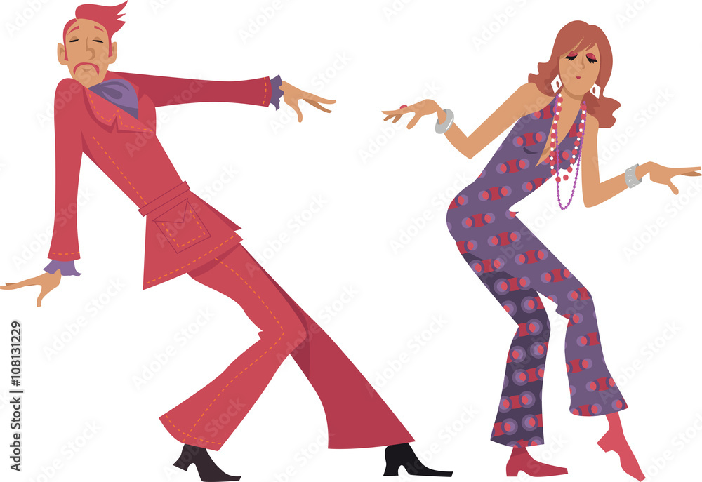 Couple dressed in late 1960s early 1970s fashion dancing a novelty ...