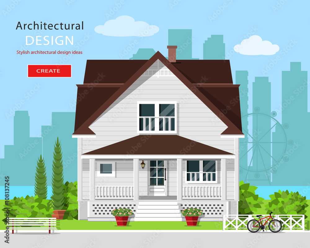 Modern graphic architectural design. Colorful cute house with yard ...