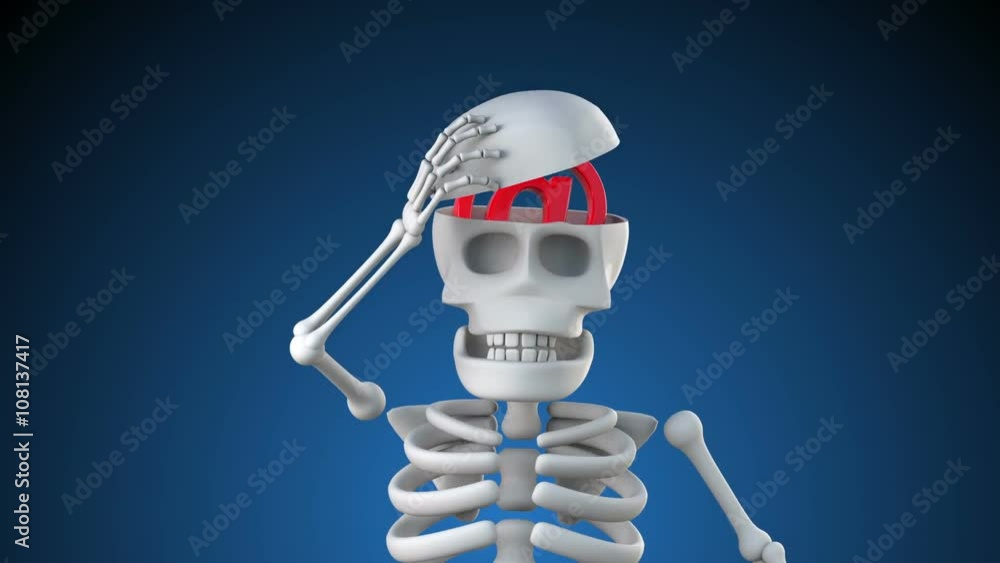 3d Skeleton reveals email address symbol inside its skull, looping ...
