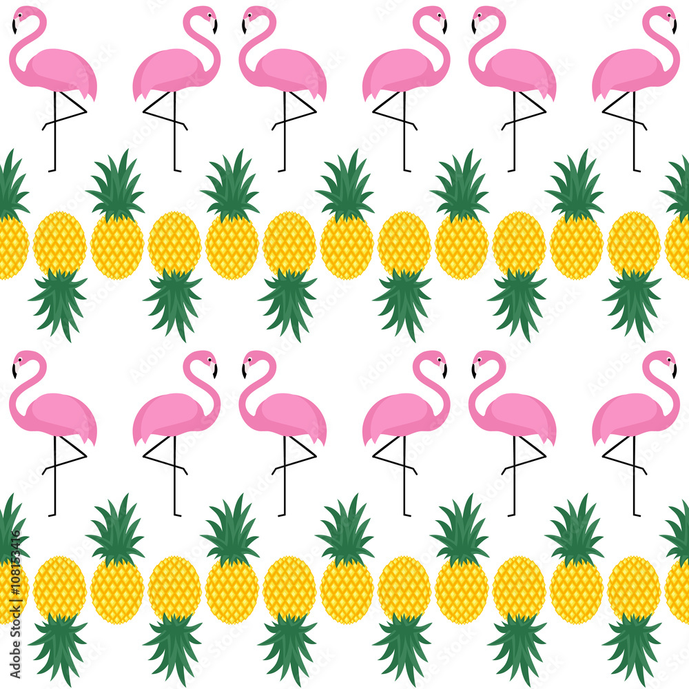 Flamingo seamless pattern with pineapples on white background. Summer ...