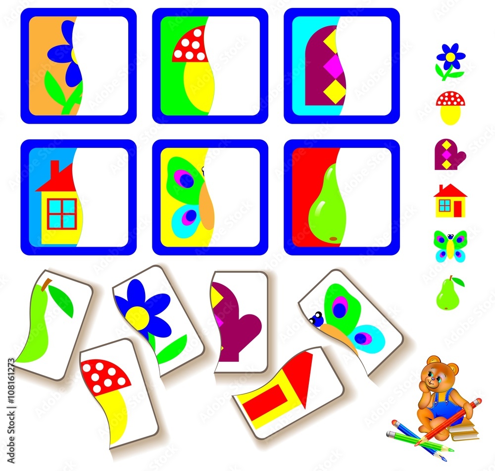 Logic exercise for children - need to find the second parts of objects ...