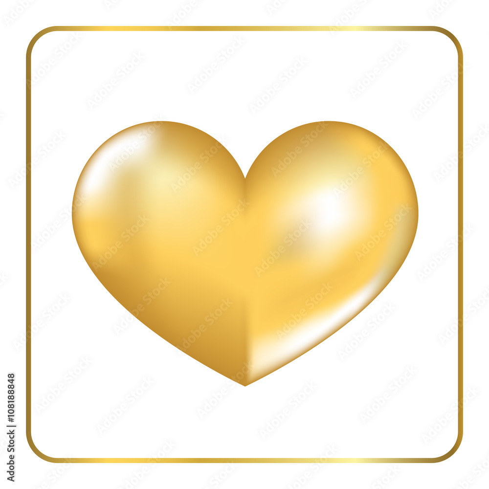 Gold heart 3D. Volume effect. Golden shiny metal shape, isolated on ...