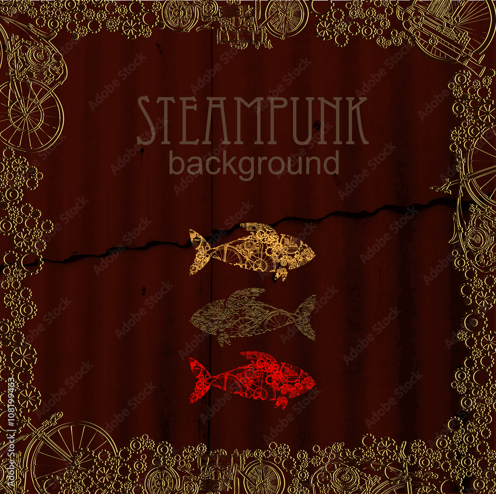 Big fish. Steampunk style. Template steampunk design for card. Frame ...