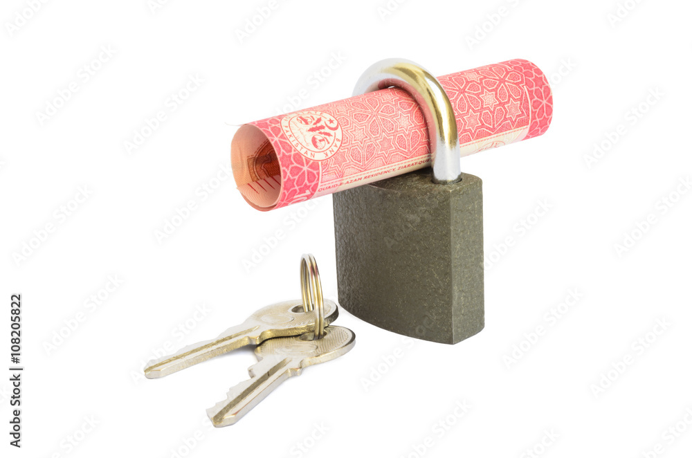 Hundred rupee Pakistani currency note rolled in a padlock. Money ...