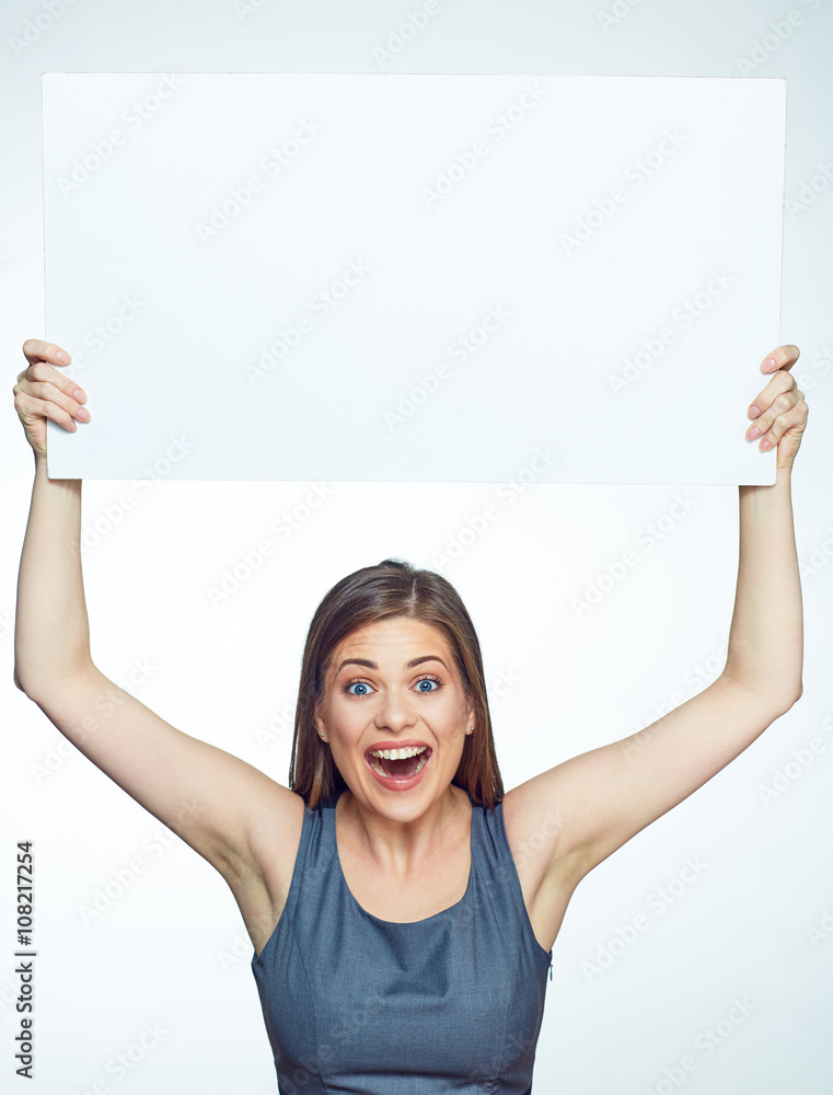 Surprised emotional business woman hold big sign board Stock Photo ... Surprised emotional business woman hold big sign board Stock Photo ...