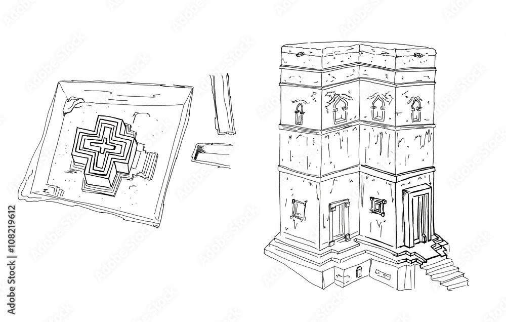 Hand drawn sketch of Rock-Hewn Churches, Lalibela, Ethiopia isolated ...