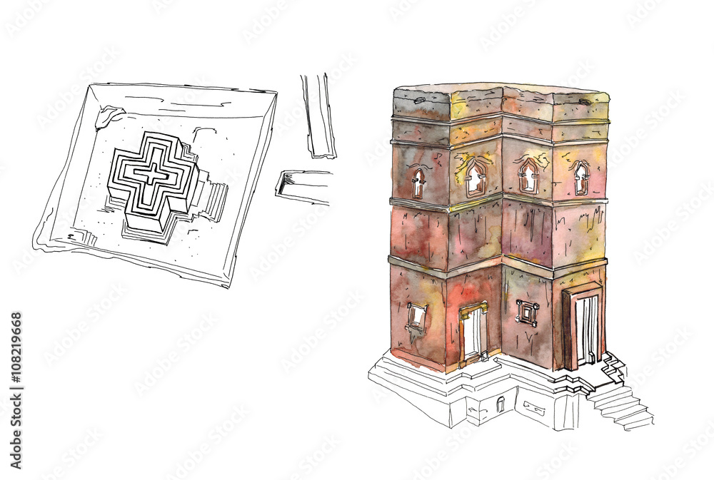 Watercolor Hand drawn sketch illustration architecture landmark of Rock ...