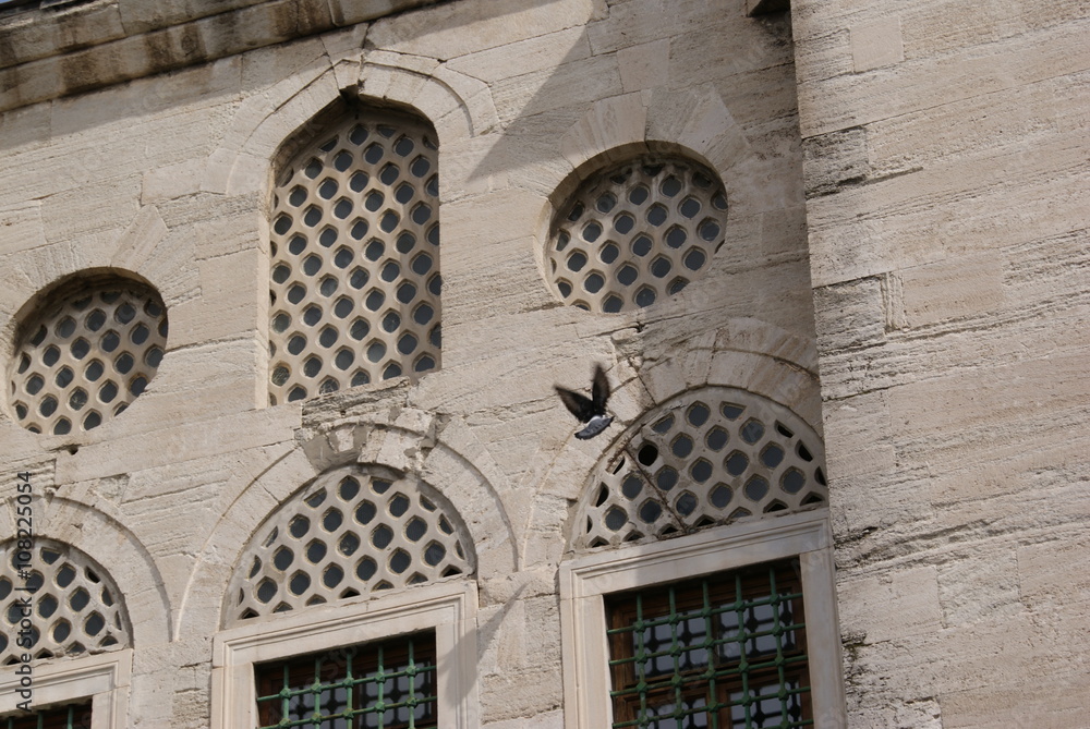 Stone walls and windows of a mosque in istanbul. Dove bird flying ...