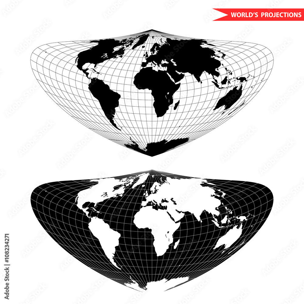 Bonne world map projection. Black and white world map vector ...