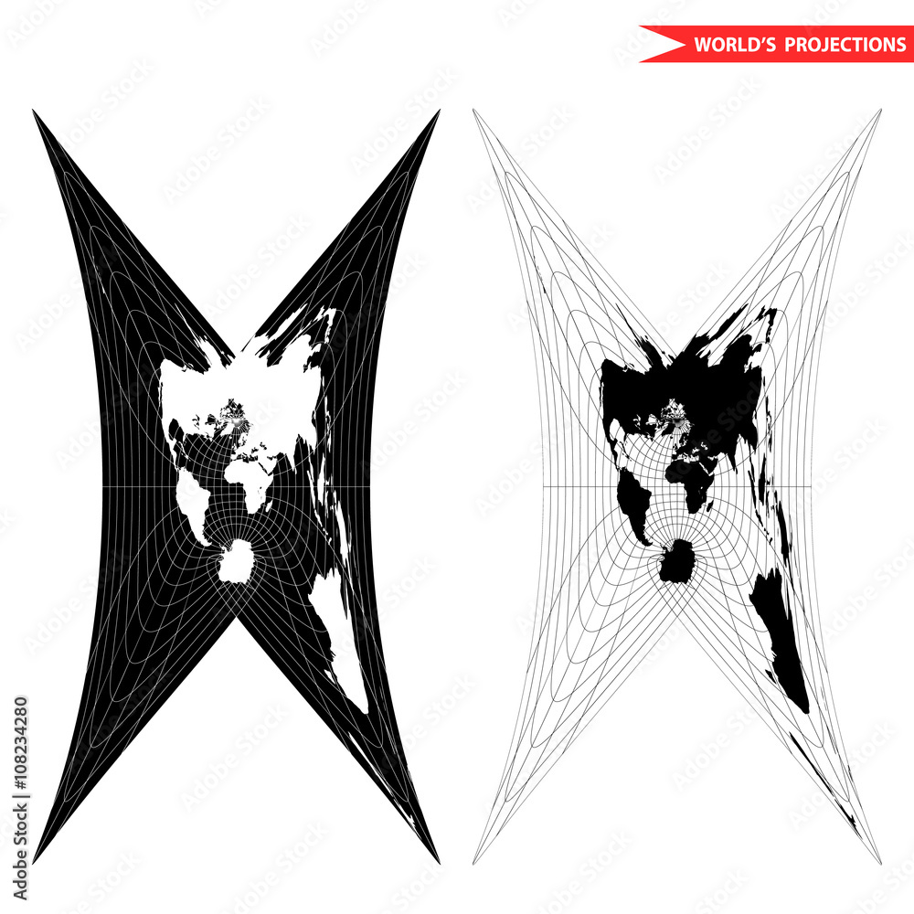 Cassini world map projection. Black and white world map vector ...