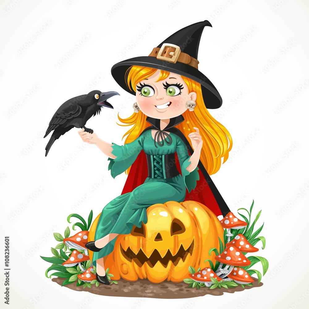 Beautiful witch sitting on a pumpkin and talks to the black rave Stock ...