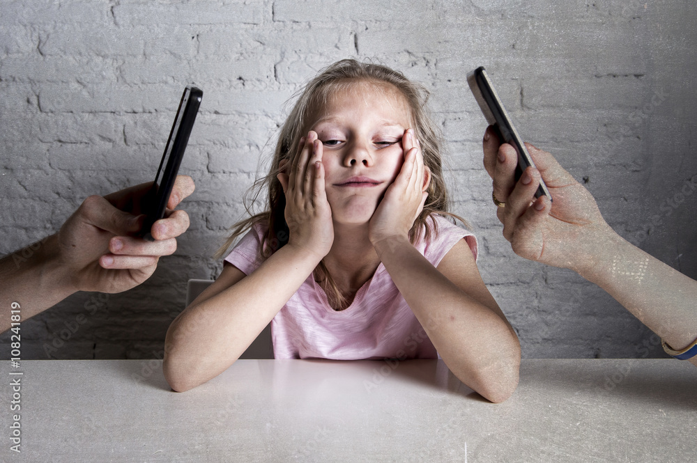 hands of network addict parents using mobile phone neglecting little ...