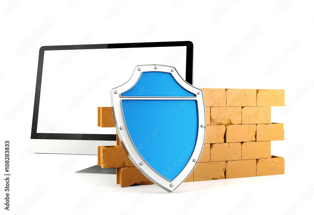 Firewall with computer monitor, computer security concept, 3D render ...