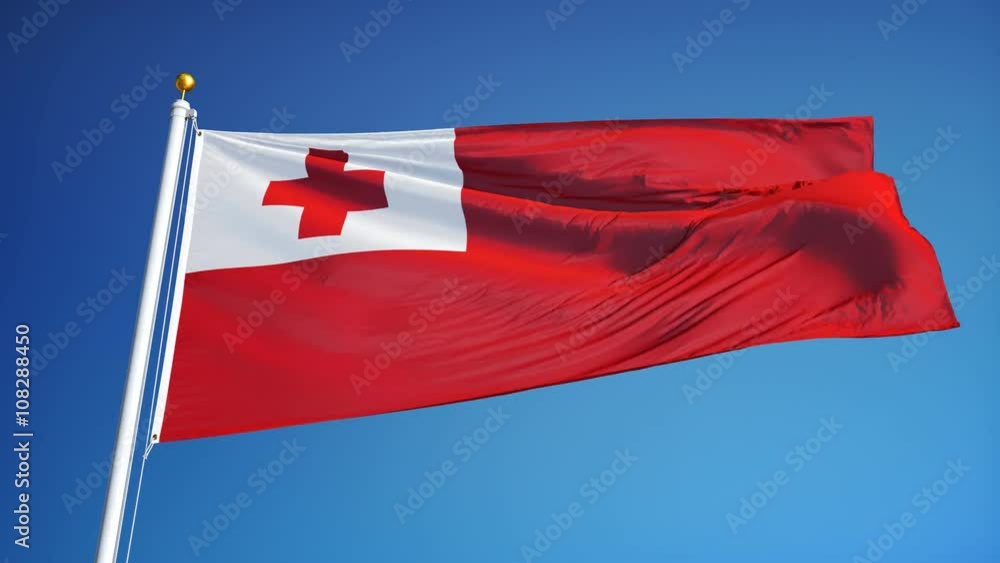 Tonga flag waving in slow motion against clean blue sky, seamlessly ...