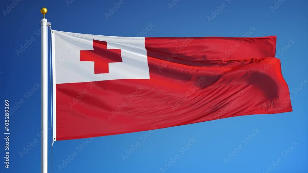 Tonga flag waving in slow motion against clean blue sky, seamlessly ...