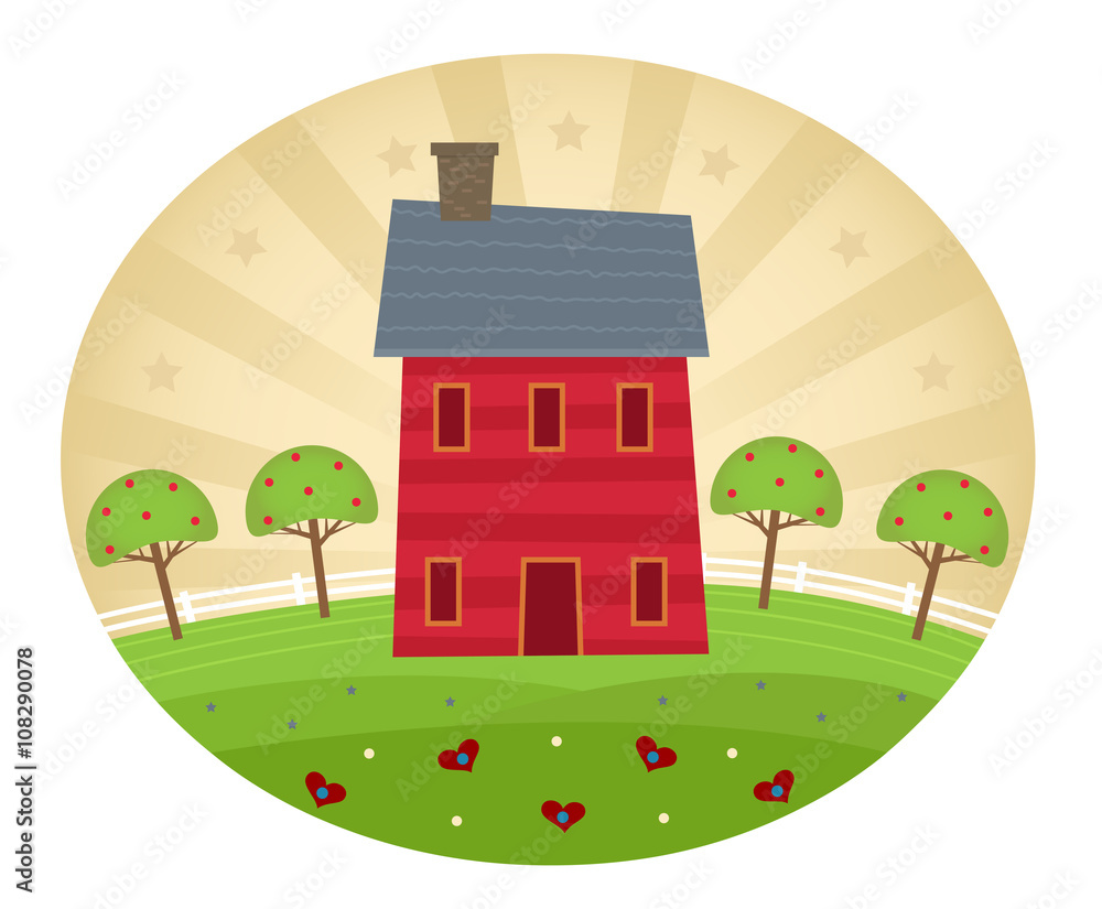 Americana Style Home - Americana art style house with decorative hills ...