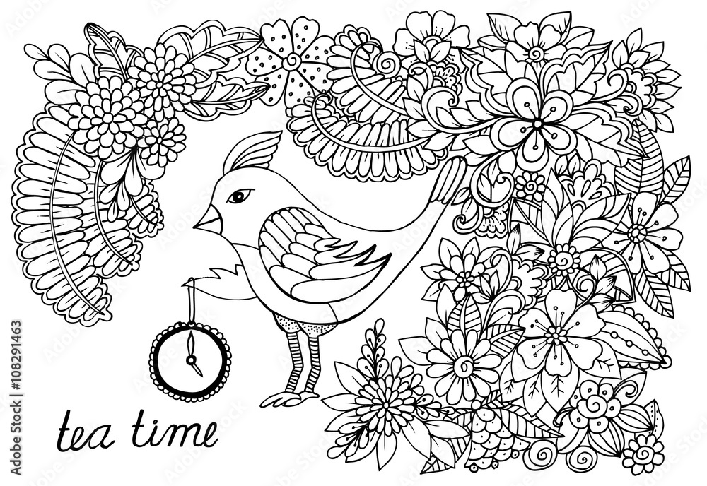 Flowers and bird coloring page Stock Vector | Adobe Stock