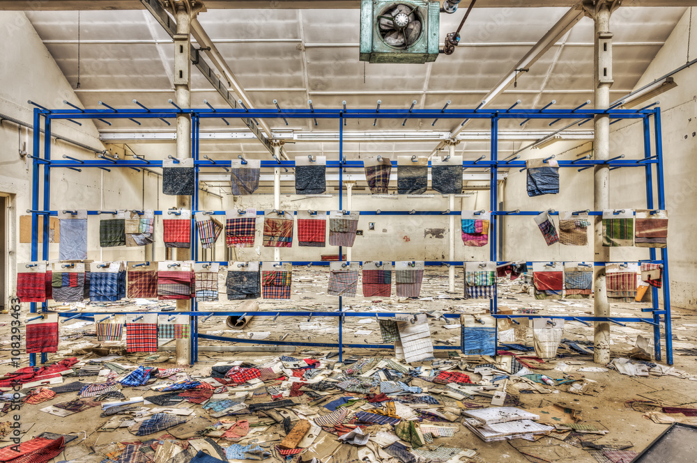 Fabric swatches on display in an abandoned textile factory Stock Photo ...
