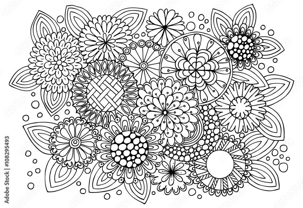 Coloring page with abstract flowers and leaves Stock Vector | Adobe Stock